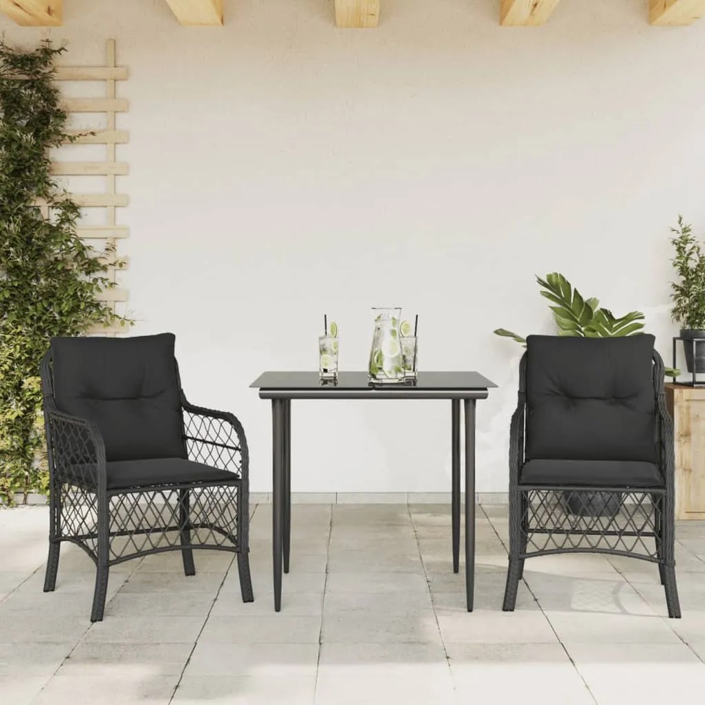 3dílný bistro set s poduškami černý polyratan 3212096