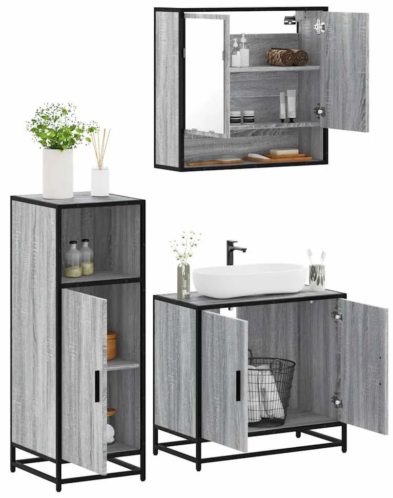 3dílný set koupelnového nábytku šedý sonoma kompozitní dřevo 3300978
