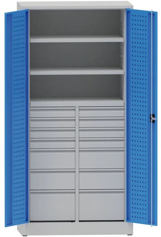 Dílenská kovová skříň na nářadí KOVONA, 2 police, 14 zásuvek, svařovaná, nosnost 80 kg, 950 x 500 x 1950 mm