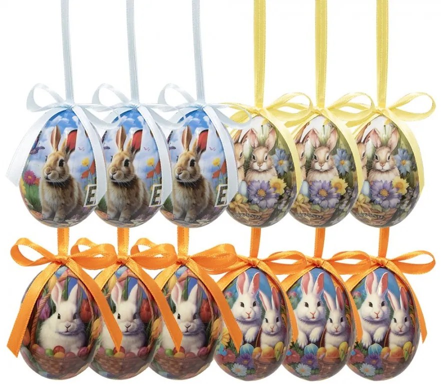 12ks dekorace závěsné vajíčko s králíčky Spring Egg - Ø 4*5 cm