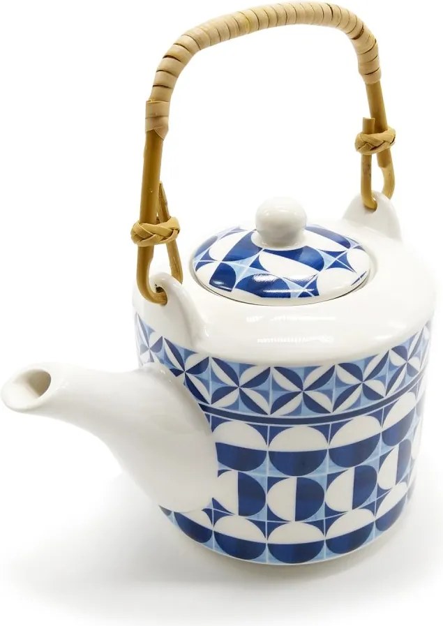 Porcelánová čajová souprava Geometric blue, konvice 0,6 l – s bambusovým držadlem, se 2 šálky, s nerezovým sítkem