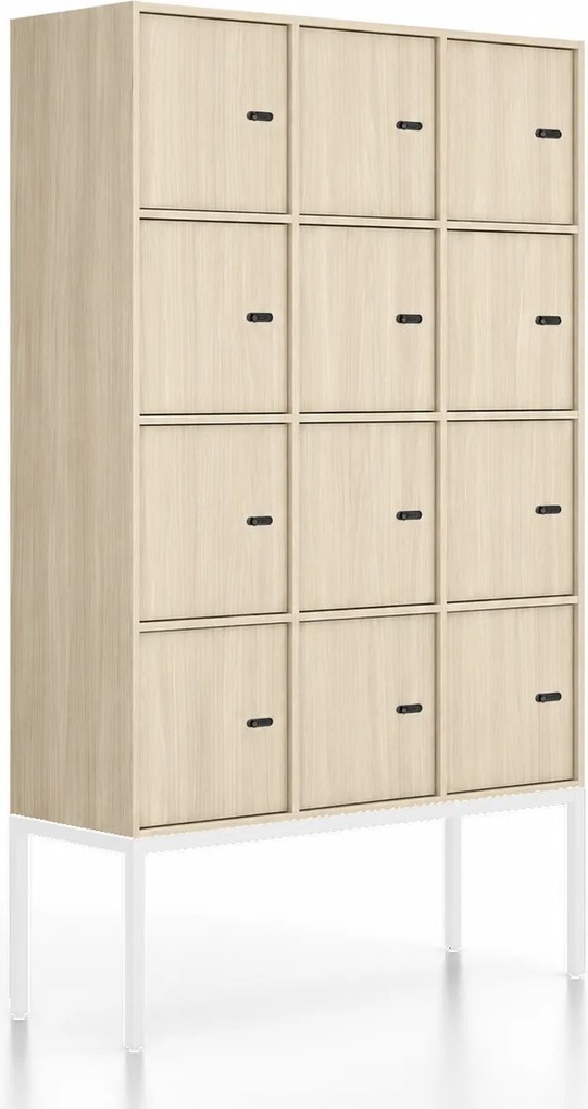 Kancelářská skříň FRAME, bílá podnož, 12x dveře, 1299 x 450 x 2185 mm, mechanický kódový zámek, dub přírodní