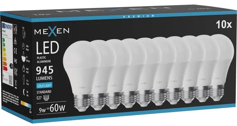 Mexen Nova 10x LED žárovka E27, A60, 9W, Studená - 6500K, 945 lm - L100-E27-0965-01x10