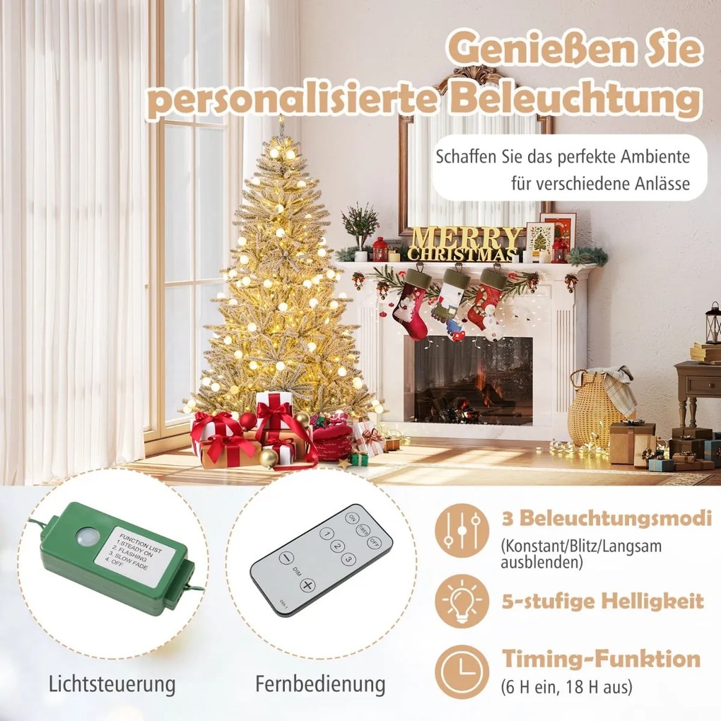 Costway 180 cm zasněžený umělý vánoční stromek s 51 kulovými lampami 250 teplá