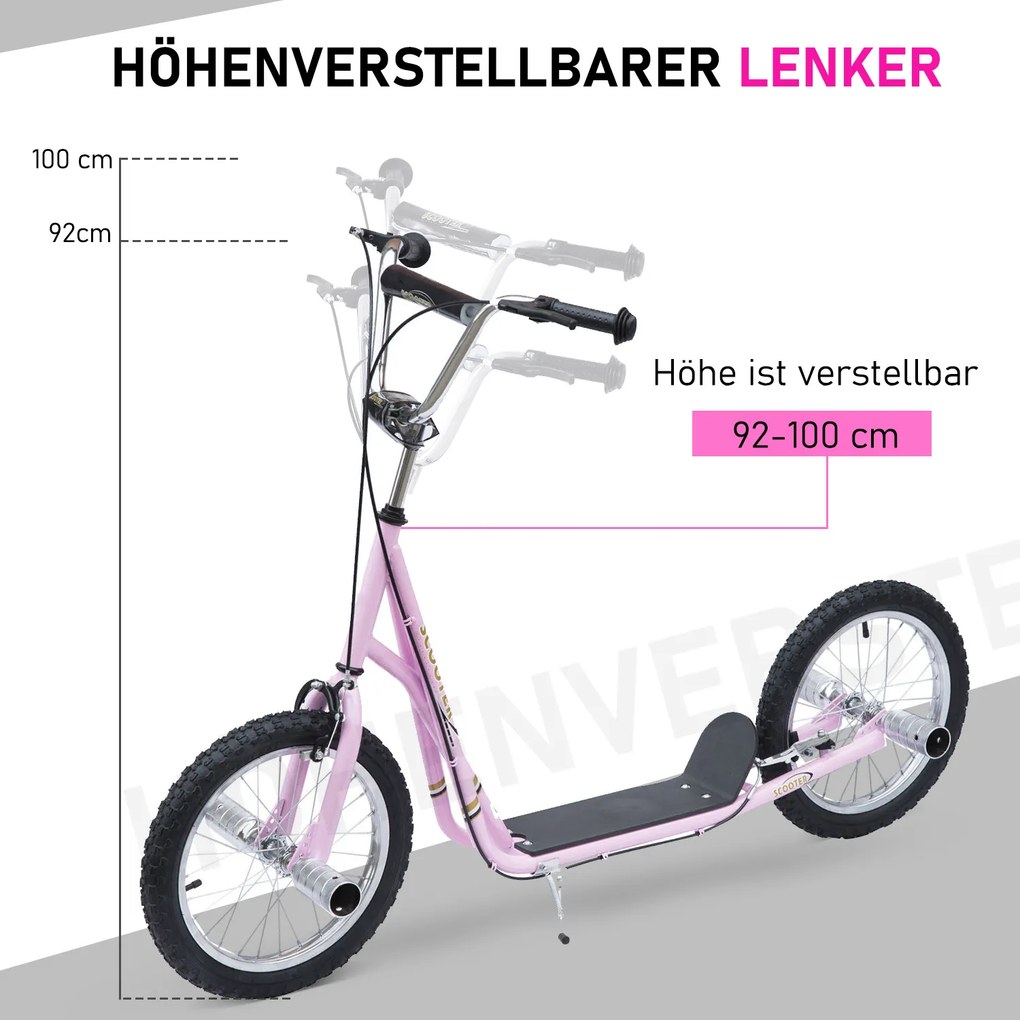Dětská koloběžka HOMCOM 16" s pneumatikami, výškově nastavitelná koloběžka v růžové barvě pro děti od 5 let, stabilní a bezpečná | Aosom.de