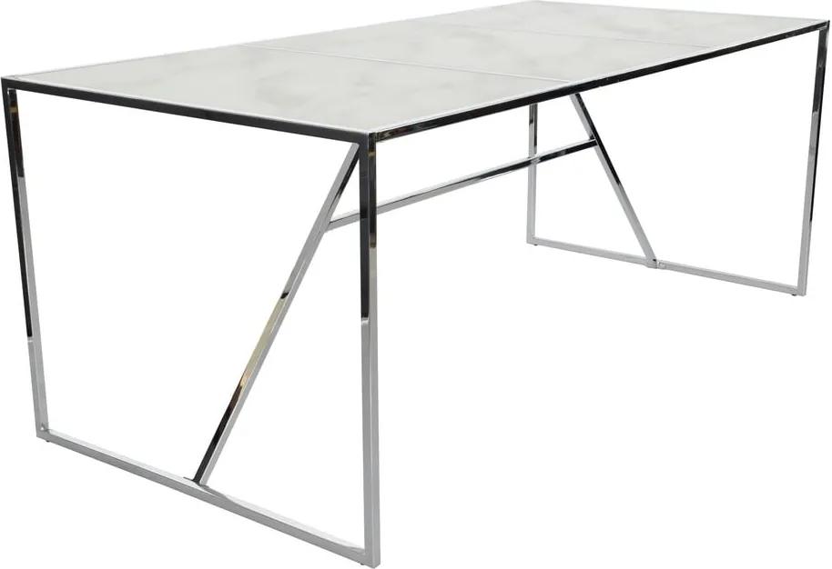 Bílý skleněný jídelní stůl s podnožím ve stříbrné barvě RGE Glass Marble Effect, délka 185 cm