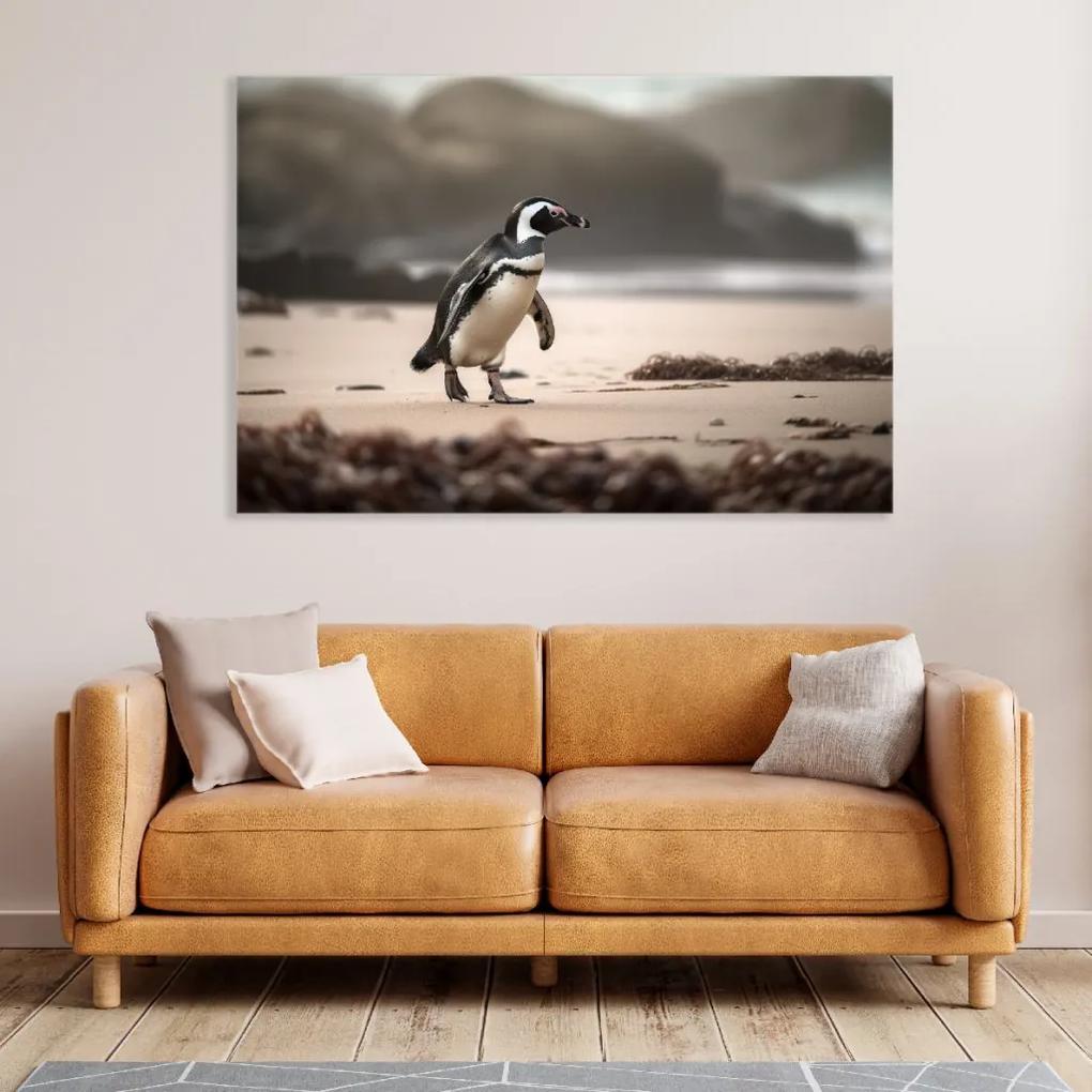 Obraz na plátně - tučňák na pláži s kameny FeelHappy.cz Velikost obrazu: 210 x 140 cm