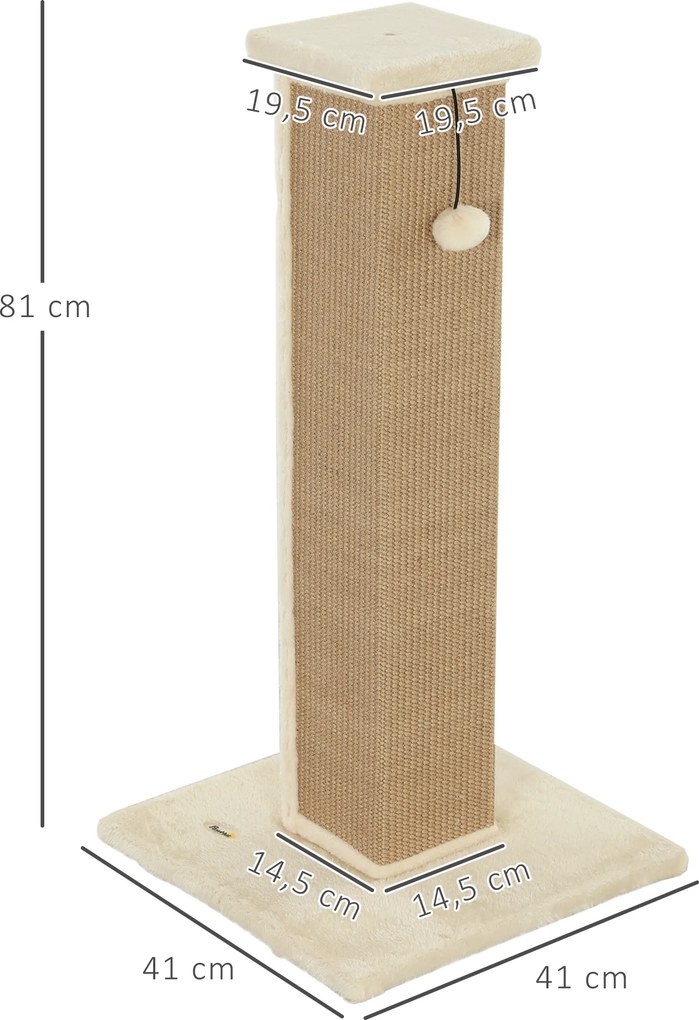 PawHut Kočičí Škrabadlo Výška 81 cm s Jutovým Sloupkem a Visícím Míčkem 41x41x81 cm Béžové