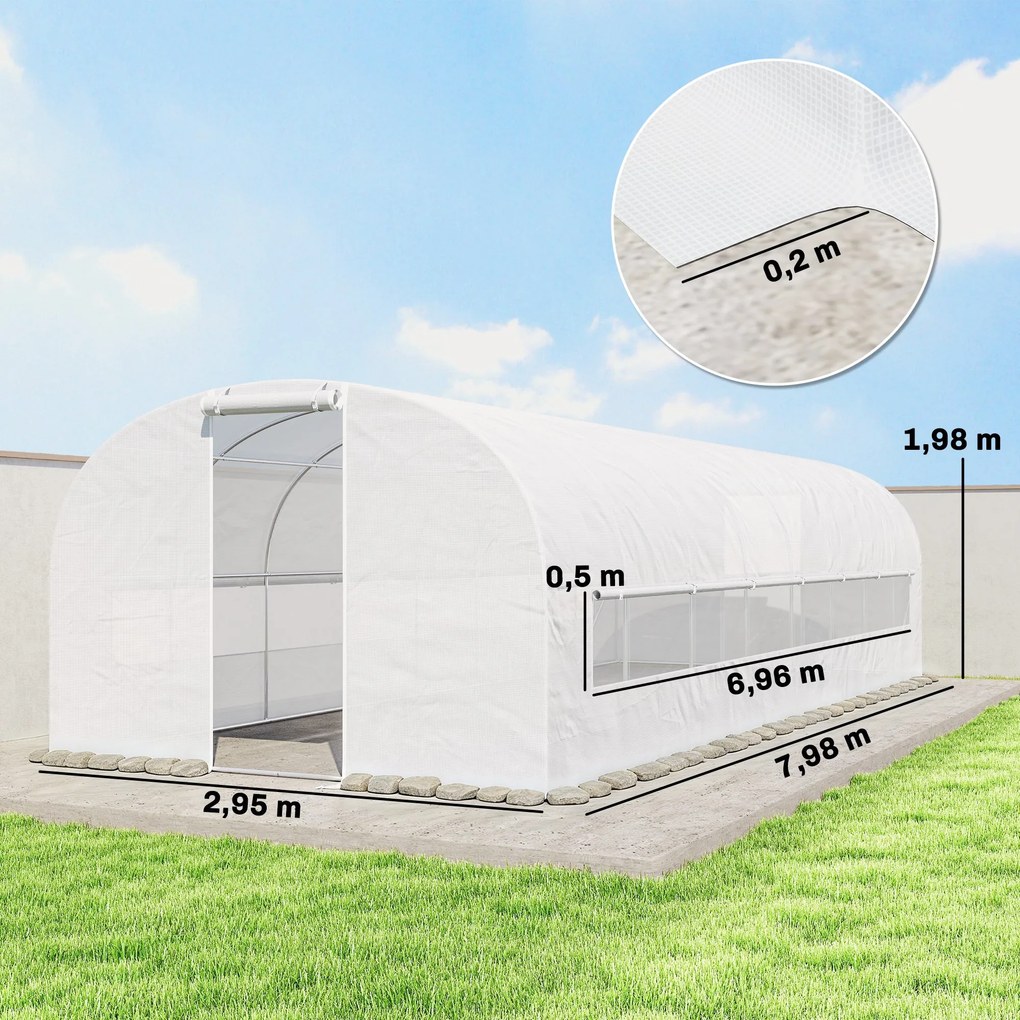 Outsunny tunelový skleník 24 m² — pozinkovaný ocelový rám, rolovací dveře a 2 velká síťovaná okna, plachta 140 g/m², bílá