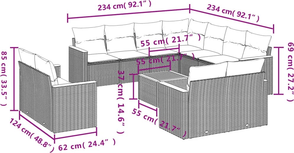 12dílná zahradní sedací souprava s poduškami šedá polyratan 3258910