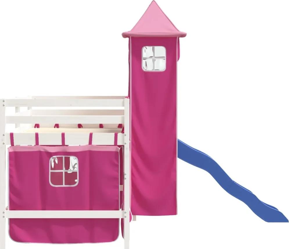 vidaXL Dětská patrová postel s věží bílá a 90 x 200 cm borovice [3207077] Barva: bílá a růžová