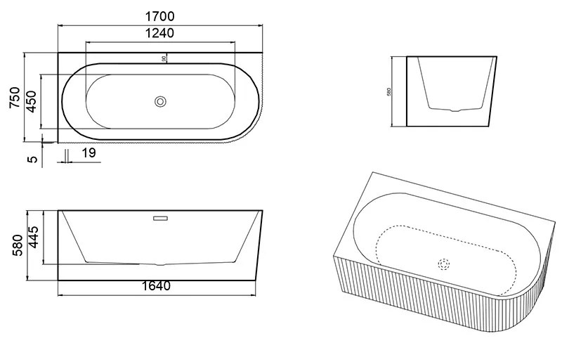 BPS-koupelny Volně stojící rohová akrylátová vana HYD-RIO504D levá 170x75 bílá, odtokový komplet zlatý