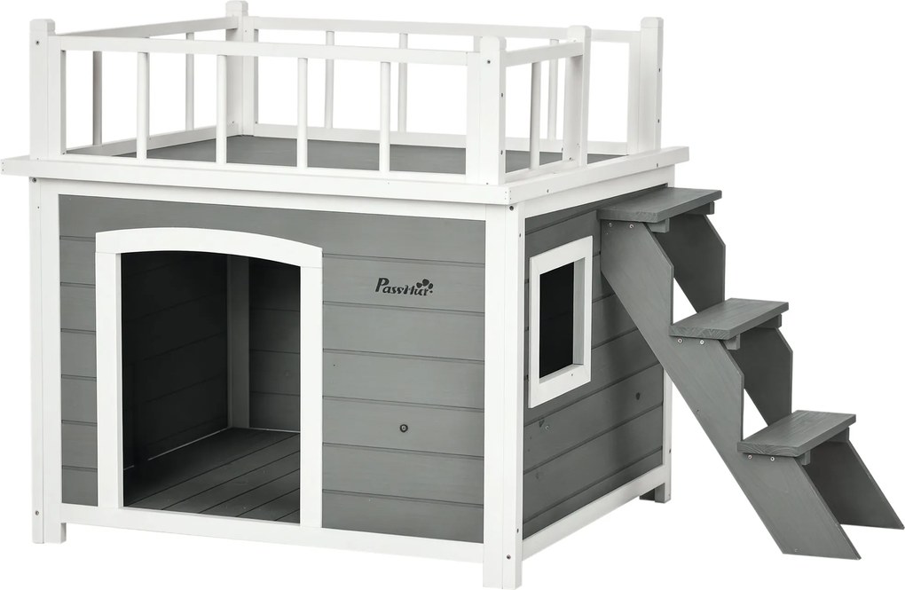 PawHut Psí Bouda s Balkonem, Elevated Pet House se Schody, Okno, Psí Doupě pro Malé až Velké Psy, Vyrobené z Borového Dřeva, Světlá Šedá, 121 x 77 x 7