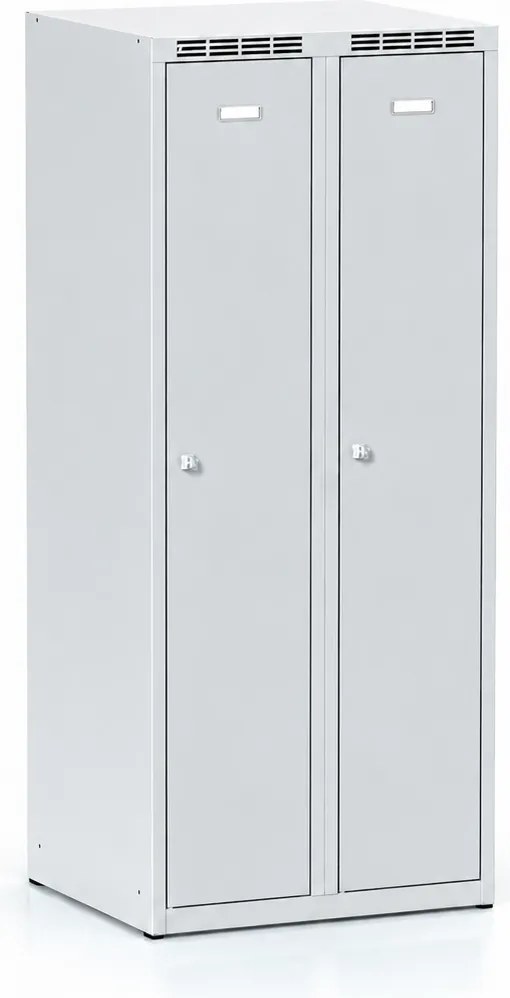 Kovová šatní skříňka S7, 2 oddíly, 1500 x 600 x 500 mm, demont, otočný zámek, šedé dveře