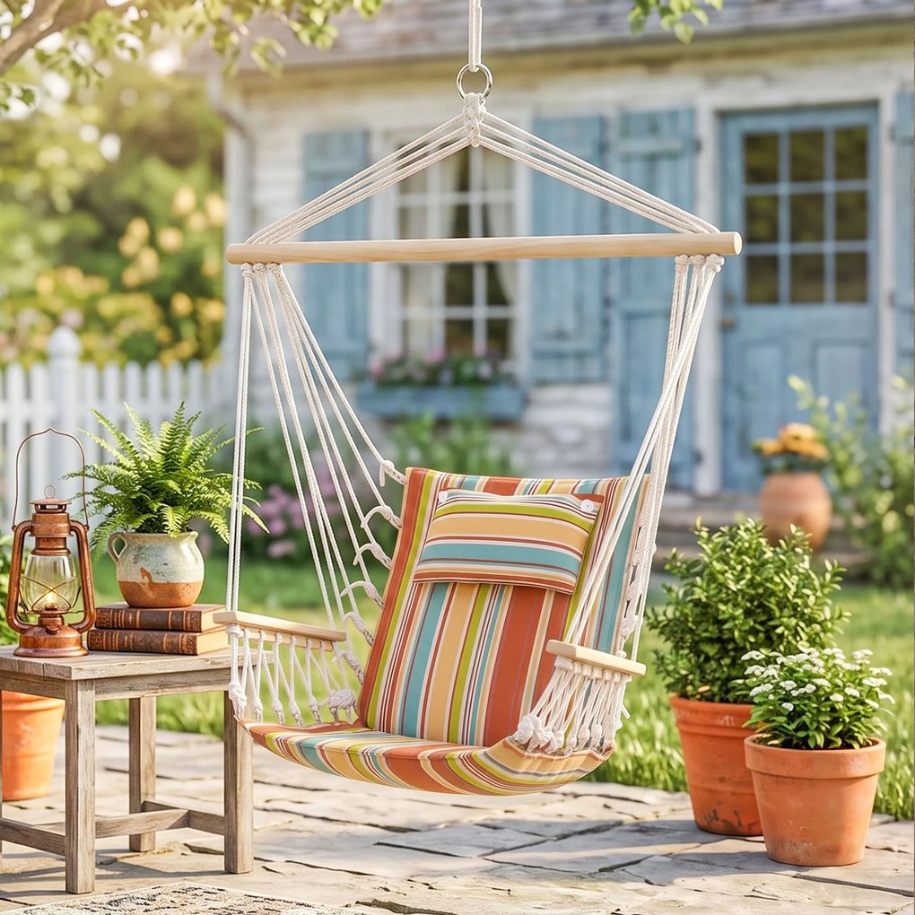 Outsunny Závěsné křeslo, závěsná houpačka s příčnou tyčí a polštářem, stropní hák, konstrukce závěsného křesla, nosnost až 100 kg, závěsné sedadlo pr…