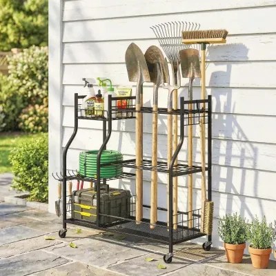 Outsunny organizér zahradního nářadí z oceli, 3 úrovně, 74 přihrádek, 4 kola, 11 háčků, 104x40x95 cm, černá