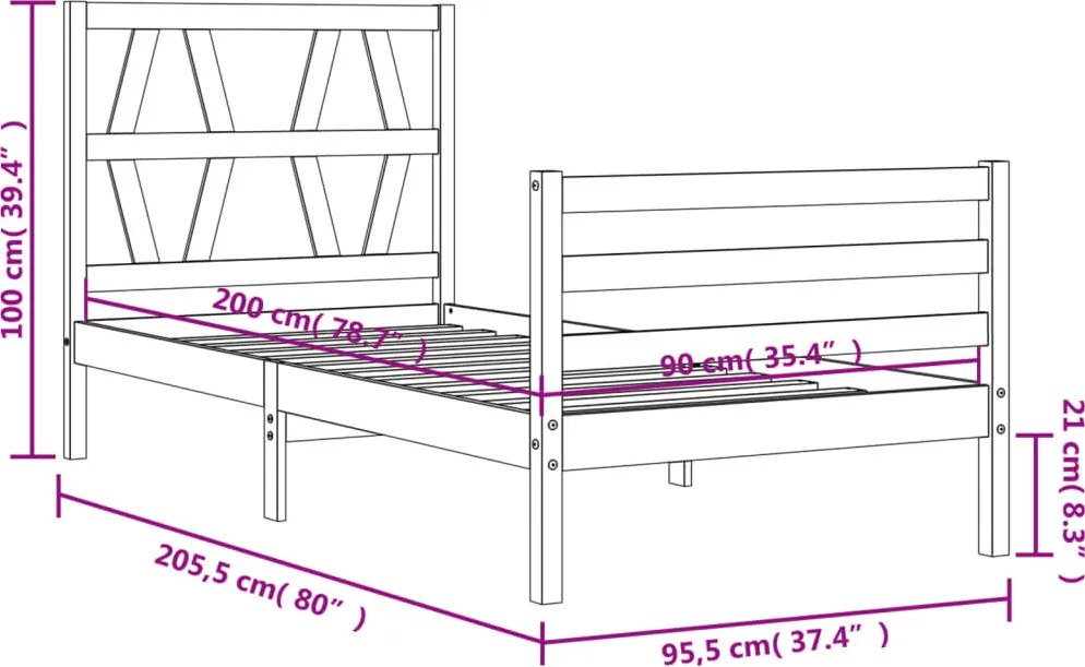 vidaXL Rám postele s čelem 90 x 200 cm masivní dřevo [3194365] Barva: Bílá