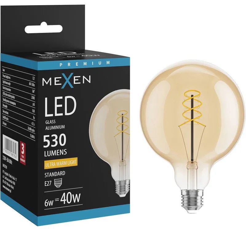 Mexen Vintis Žárovka filament spirála LED E27, G125, 6W, Teplá - 2200K, 530 lm, amber - L168-E27-0622-50