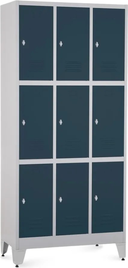 Kovová šatní skříňka - 9 boxů, 90 x 45 x 196,5 cm, nastavitelné nožky, otočný zámek, antracitová - ral 7016