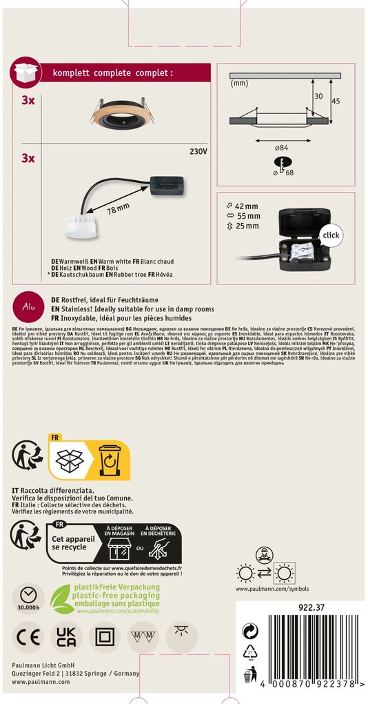 Paulmann 92237 Lanati Coin, set dřevěných bodovek s černou, 3x6W LED 2700K, prům. 8,4cm