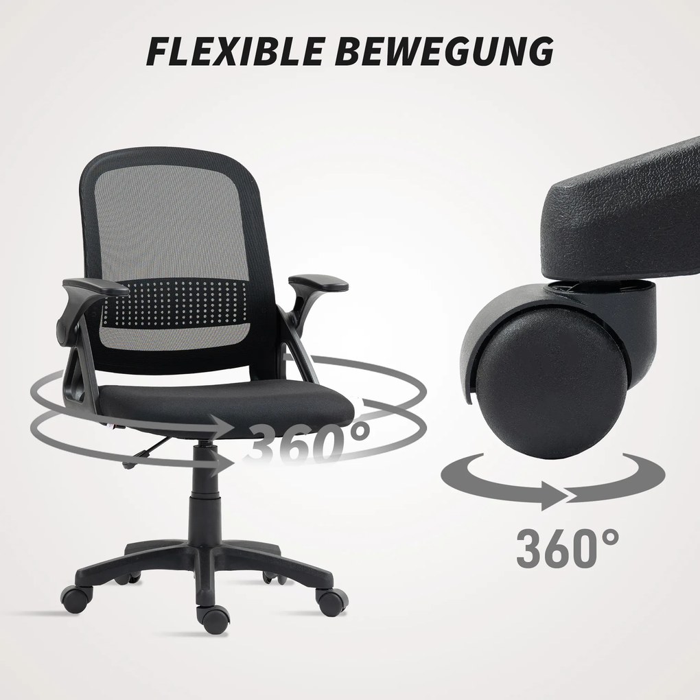 HOMCOM ergonomická síťovaná kancelářská židle se sklopnými područkami, bederní oporou a nastavitelnou výškou — černá