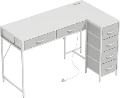 HOMCOM oboustranný rohový stůl se 6 zásuvkami 126x48 cm s napájecím připojením Puerto de Carga USB a USB-C, bílý