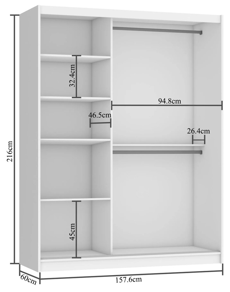 Šatní skříň 158 cm Belini bílý mat / bílý lesk s posuvnými dveřmi a zrcadlem  MG SZP3/2/W/WI/1L5W/HI