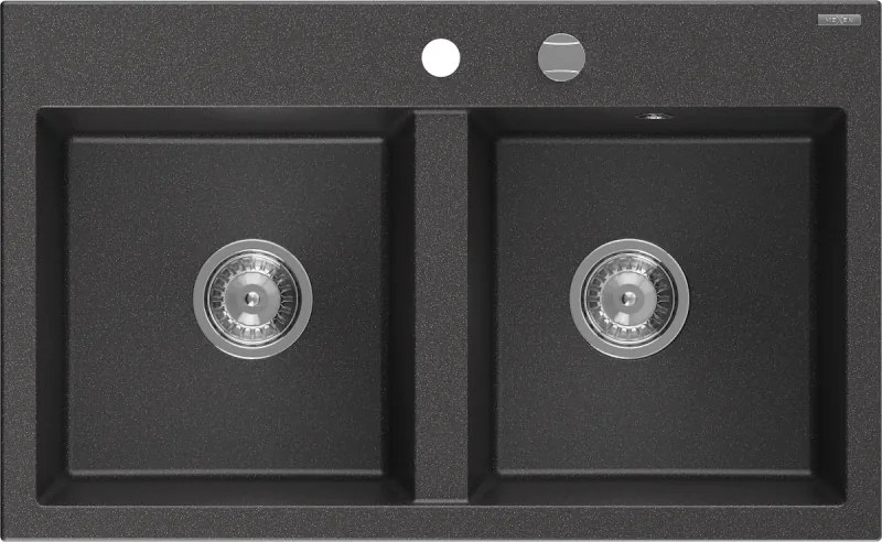 Mexen Hektor žulový dřez 2-komorový 800 x 480 mm, černý skvrnitý, sifon chrom - 6521802000-76