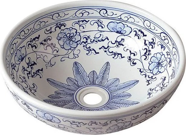 Sapho Sapho, PRIORI keramické umyvadlo, průměr 41 cm, barva bílá s modrou malbou, PI012