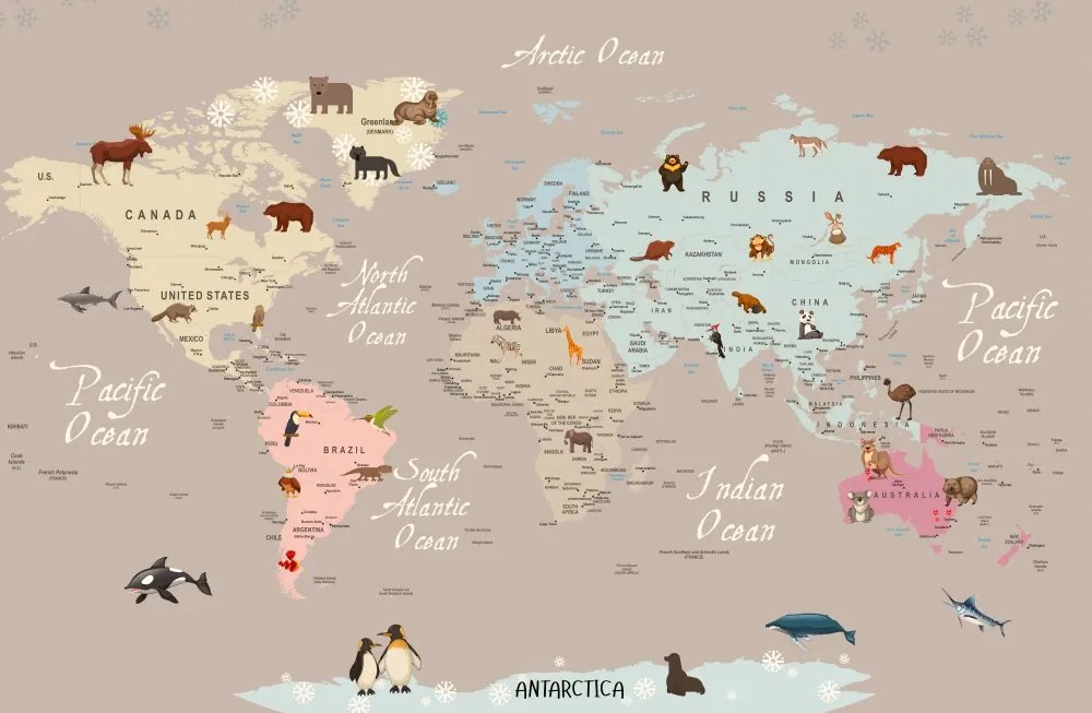 Fototapeta Animals World Map For Kids Wallpaper Design Hladký vinyl 312x219