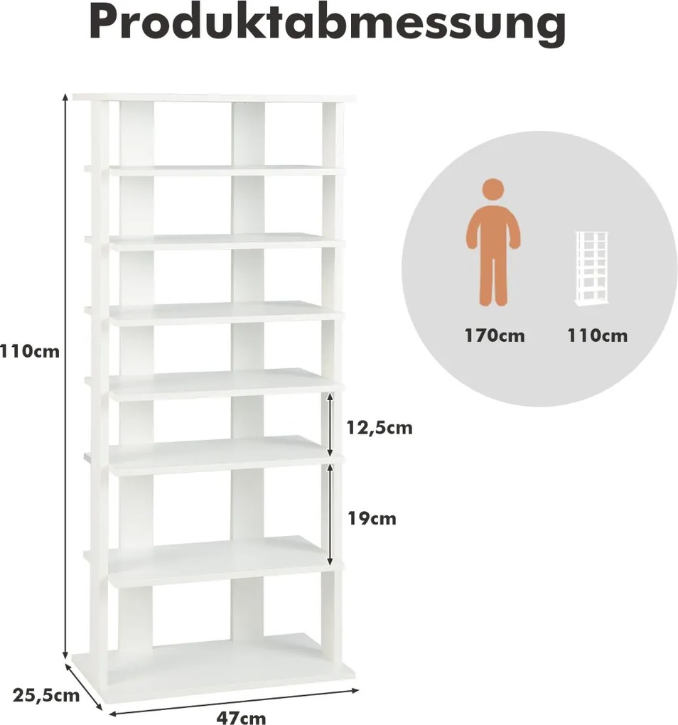 Costway Botník 7patrový botník v retro stylu – 45 × 25 × 110,5 cm, bílý