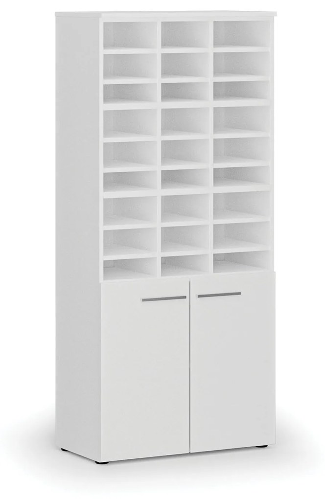 Třídící regál s dveřmi PRIMO WHITE, 800 x 420 x 1781 mm, 27 přihrádek, bílá