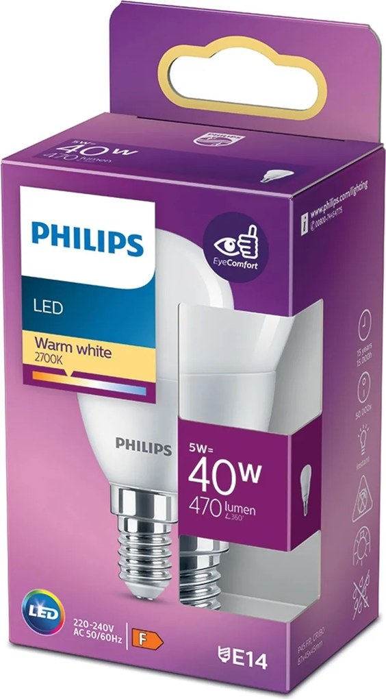 Philips Classic LED žárovka E14, 5 W, 470 lm, 2700 K, tvar kapky