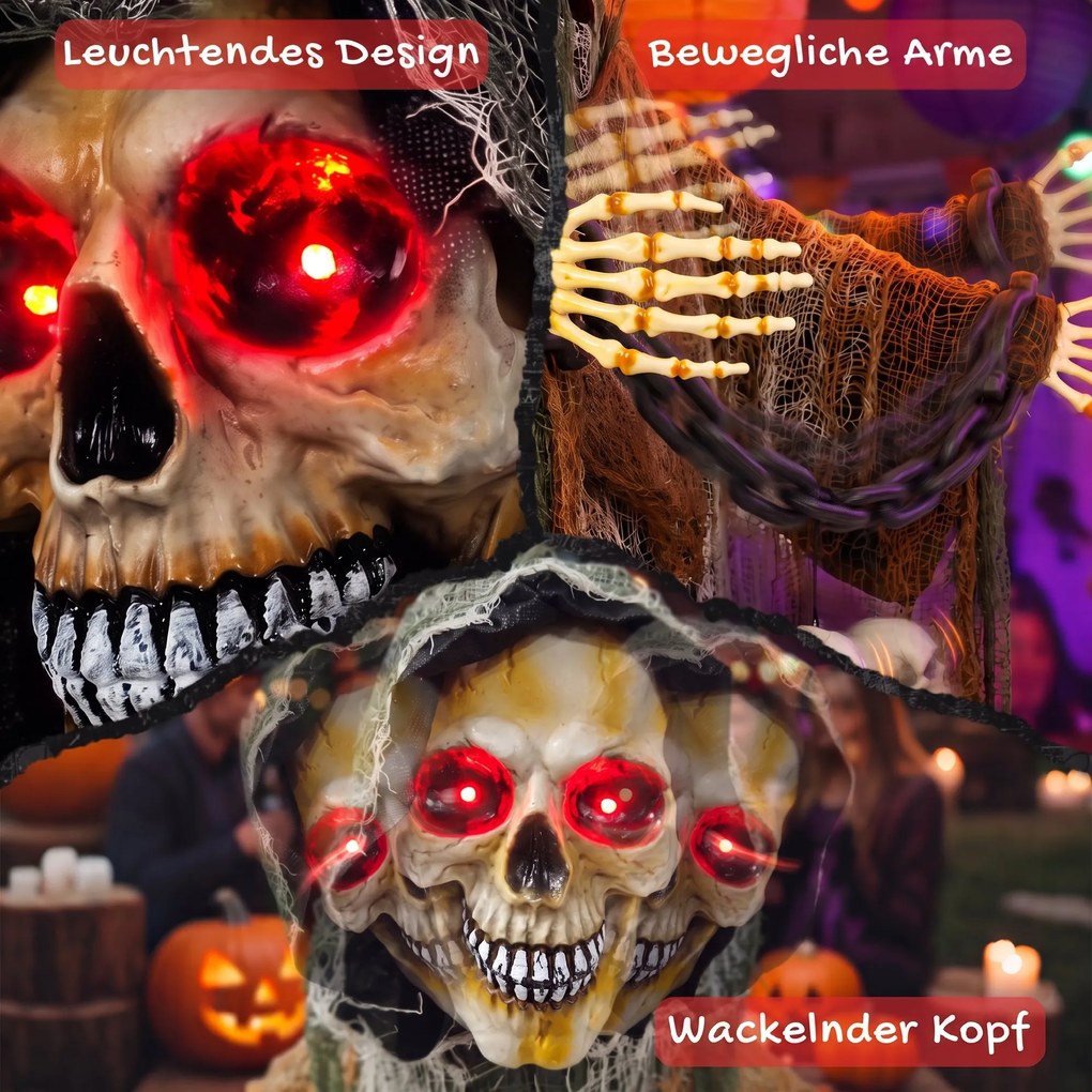 HOMCOM Animovaný Smrtka, 170 cm, životní velikost Halloween animatroniky s pohyblivýma rukama/hlavou, svítícíma očima a strašidelným zvukem