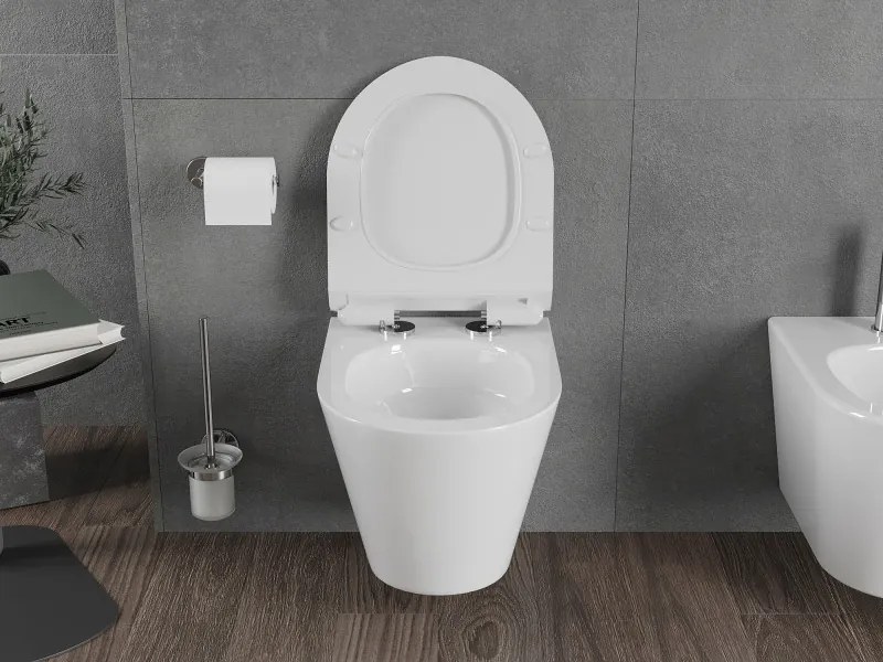 Mexen Rico, závěsná WC mísa 490x360x370 mm, Rimless Tornádo + WC sedátko z duroplastu, bílá lesklá, 30720100T