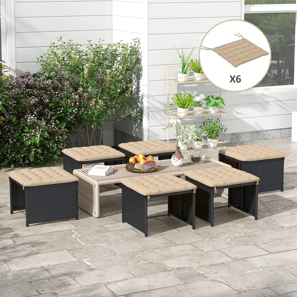 Outsunny Sada 6 zahradních polštářů na židle, prošívané venkovní polštáře, vysoký komfort, dim. 40D x 40Š cm Khaki | Aosom