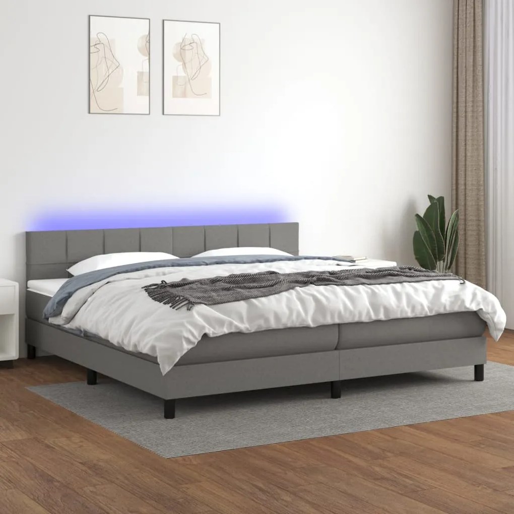 Box spring postel s matrací a LED tmavě šedá 200x200 cm textil