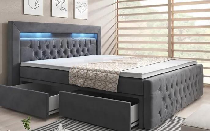 Boxspring postel SERA s úložným prostorem (4 šuplíky) a LED, eko kůže Velikost postele: 180 × 200 cm, Barva EKO kůže: Šedá EKO kůže, Výběr matrace:…