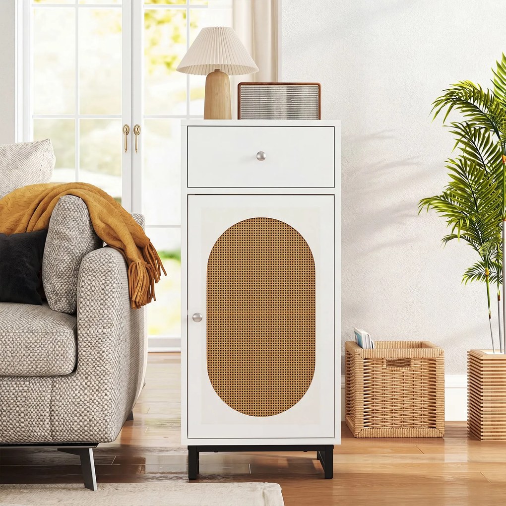 Costway Ratanový noční stolek s dvířky a zásuvkou Boho s – 40 × 30 × 91 cm