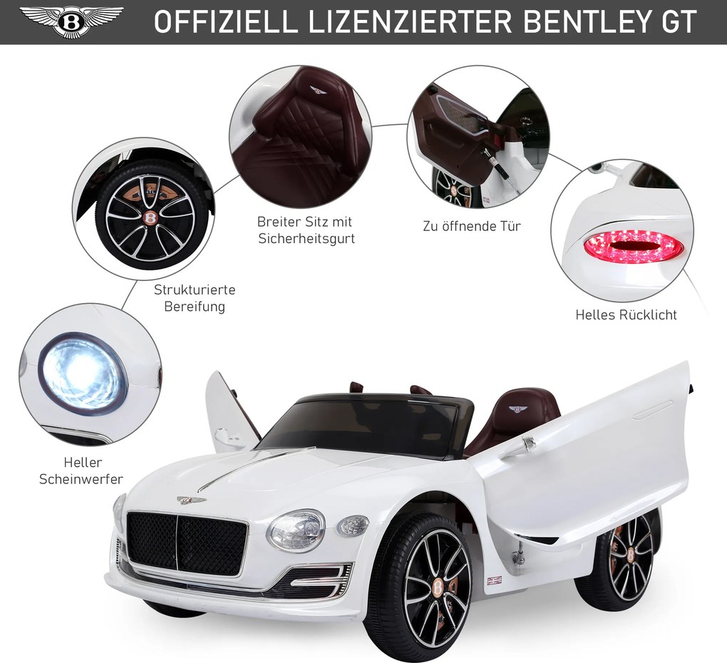 HOMCOM Dětské elektrické autíčko Bentley GT v licenci s dálkovým ovládáním, 2 x 390 motorů, bílé, 108 x 60 x 43 cm, pro děti | Aosom.de