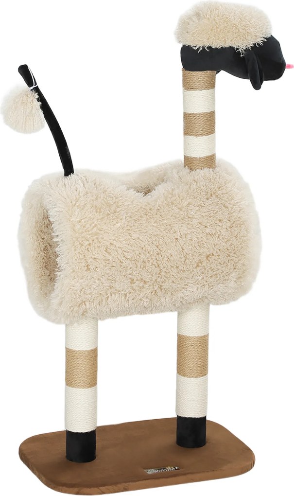 Škrabadlo PawHut 98 cm, strom pro kočky se škrabadlem, tunelem, míčkem na hraní, škrabadlo pro kočky v designu ovce, pro kočky do 5 kg, světle hnědé …
