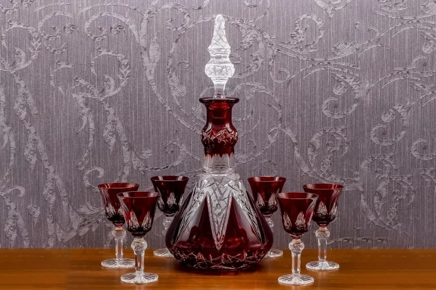 Bohemia Crystal Broušený Likér set Flowerbud červená (1 karafa + 6 skl