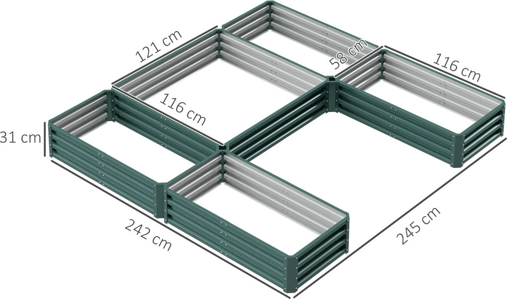Outsunny Modulární ocelová zahradní čtvercová nádobka na zeleninu, sada 5 květináčů pro zeleninu, rostliny, květiny, rozměry 245L x 242W x 31H cm, ze…