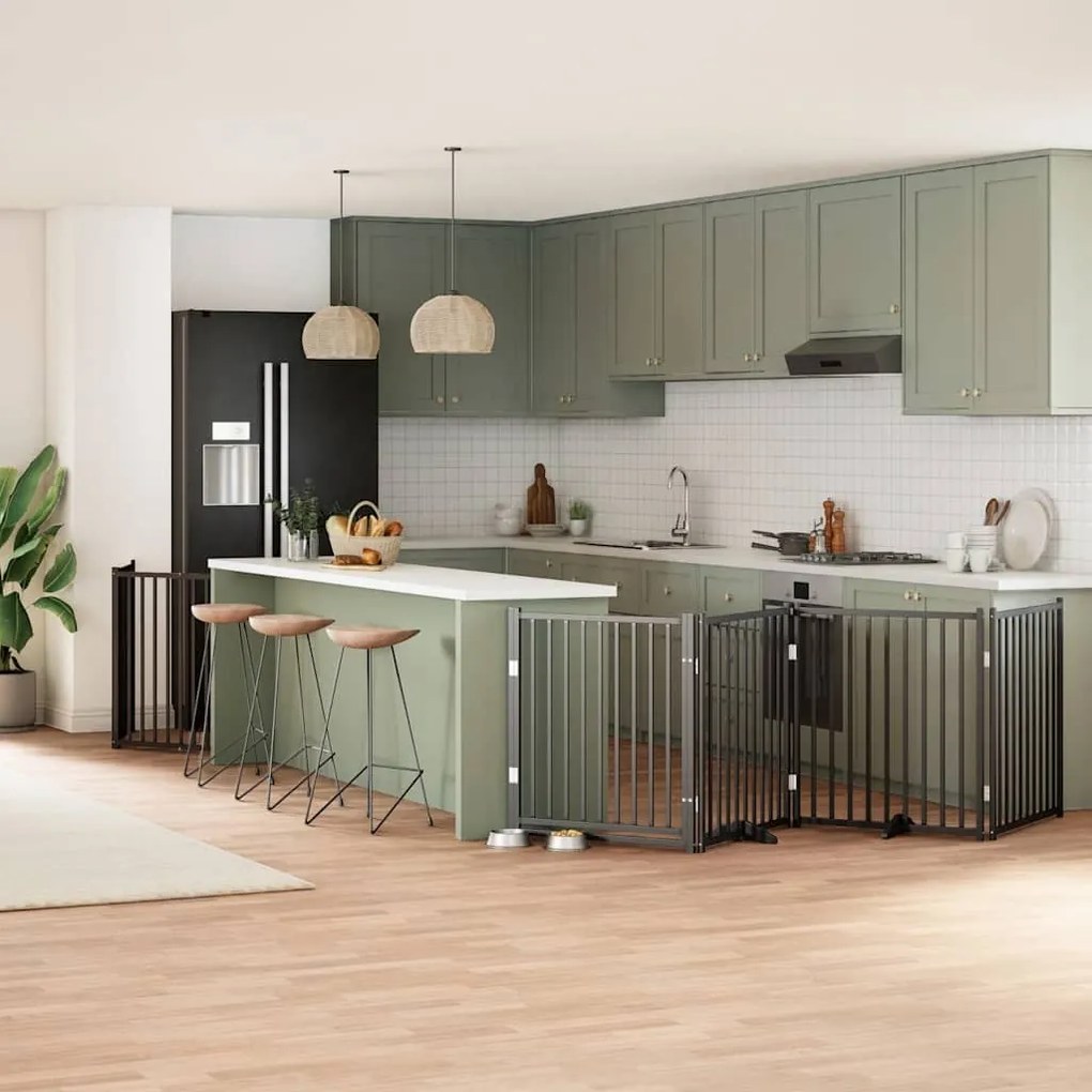 Zábrana pro psy s dvířky skládací 8 panelů černá 640 cm topol 3155742