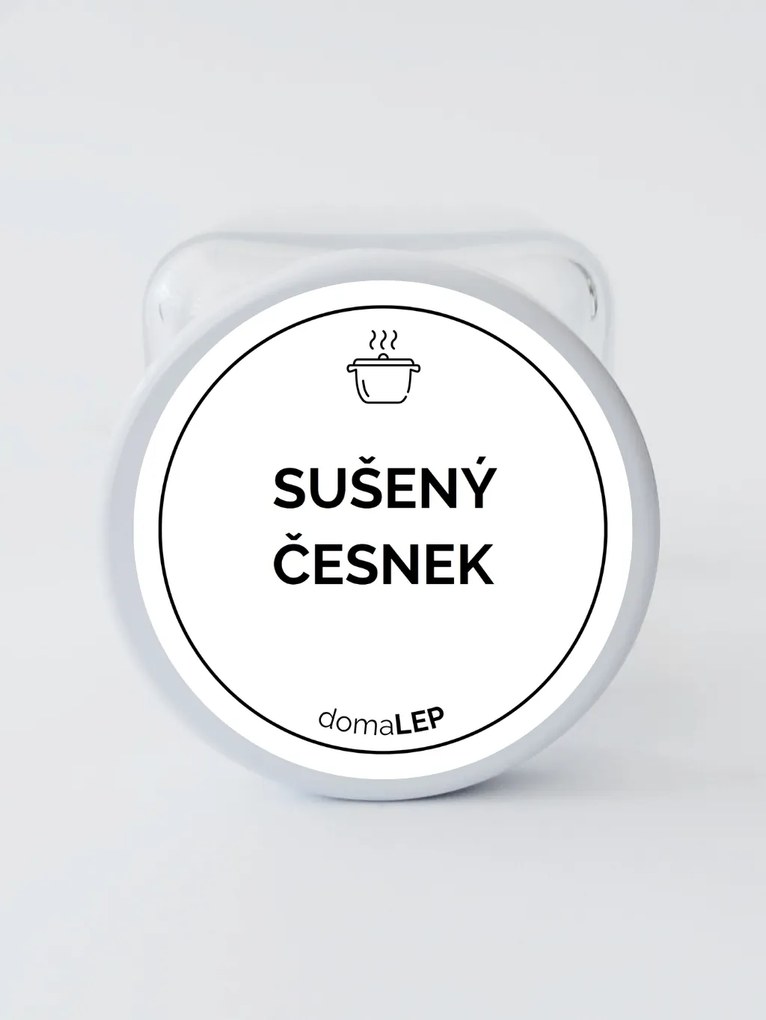Samolepka na kořenky SUŠENÝ ČESNEK bílá 5 cm tučné písmo
