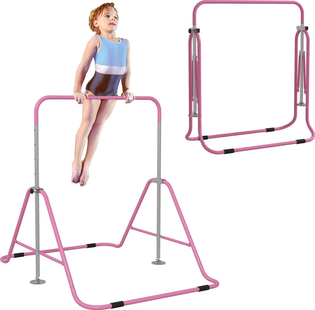 Skládací hrazda HOMCOM pro děti 3-8 let, gymnastická hrazda s 5 nastavitelnými výškami a ocelovou konstrukcí, 154x106,2x88,5-128,5 cm, Růžová