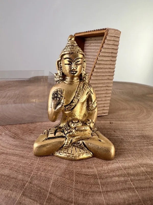 Buddha sedící, kov, krabička