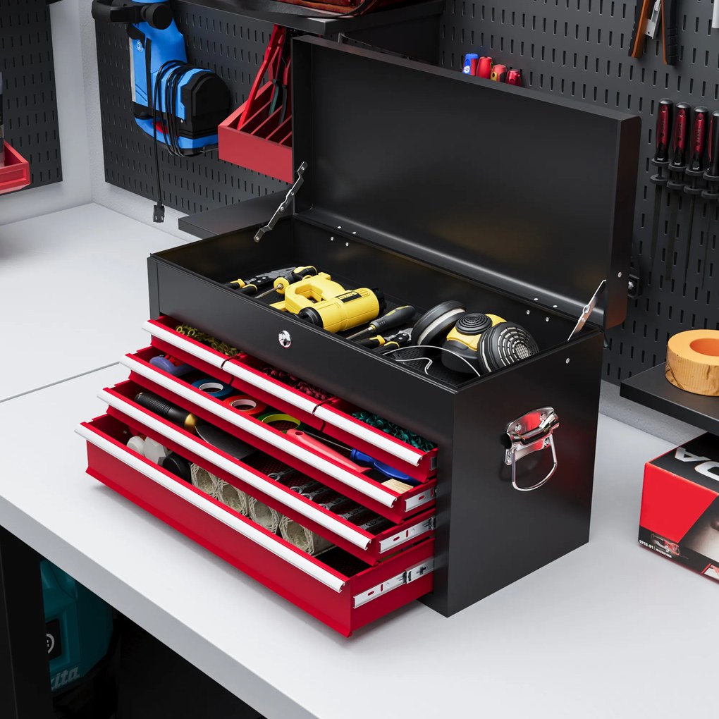 HOMCOM kufr na nářadí 6 zásuvek zámek box na nářadí rukojeť box na nářadí ocelový červený+černý 60x26x34cm