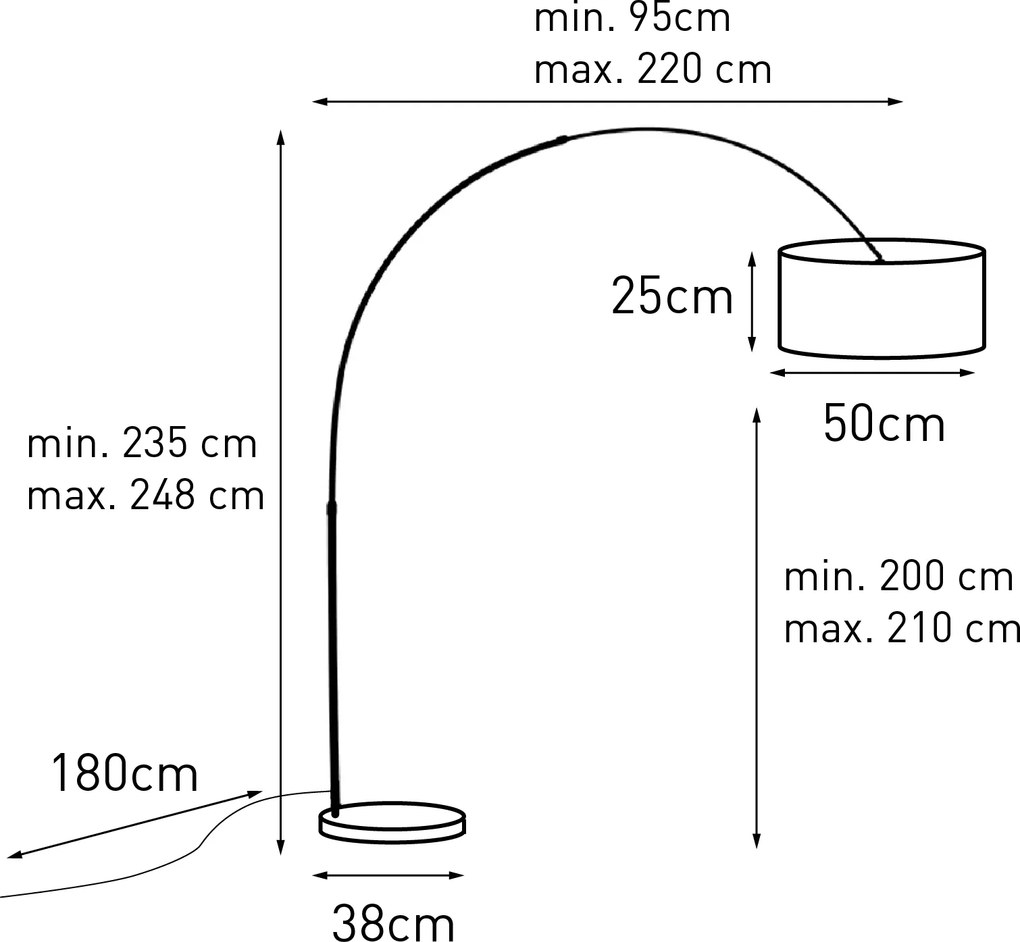Ocelová oblouková lampa s látkovým stínítkem černým 50 cm - XXL