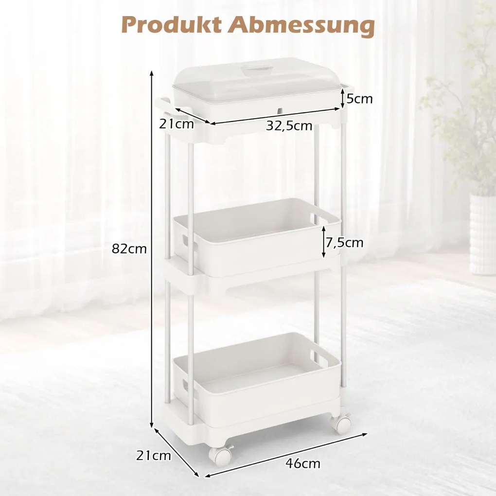 Costway 3 Tier Rolling Cart Multifunkční úložný vozík s odnímatelným krytem